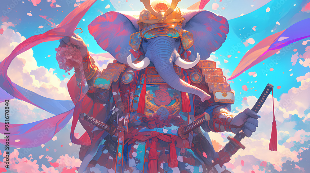 Cute elephant wearing Japanese samurai armor, cool poses, cute kawaii ...