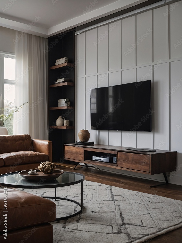 Living Room TV Setup White wall-mounted TV above a cabinet with leather ...