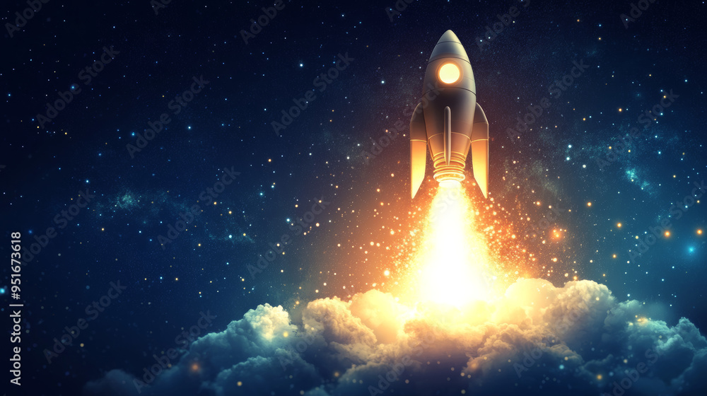 A digital light bulb transforming into a rocket, launching into space ...