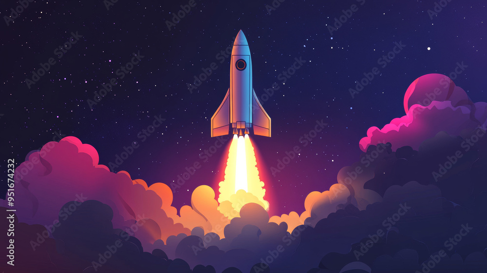 A digital light bulb transforming into a rocket, launching into space ...