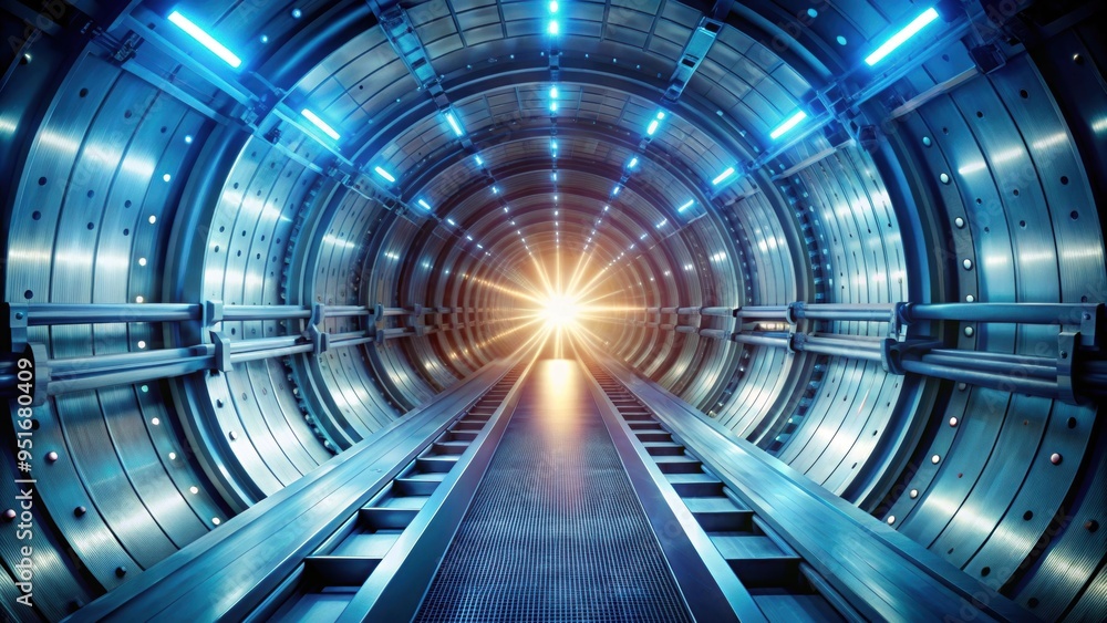 Realistic depiction of a particle accelerator tunnel with a glowing ...