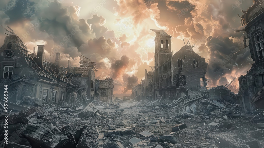 postwar scene of a destroyed town with collapsing buildings and debris ...