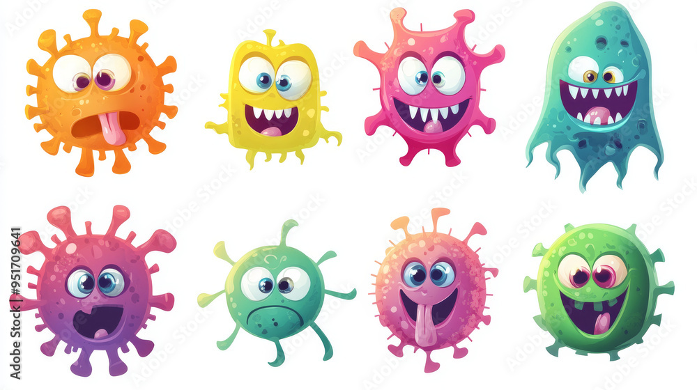 Cartoon vector characters of bacteria, microbes, and viruses with ...