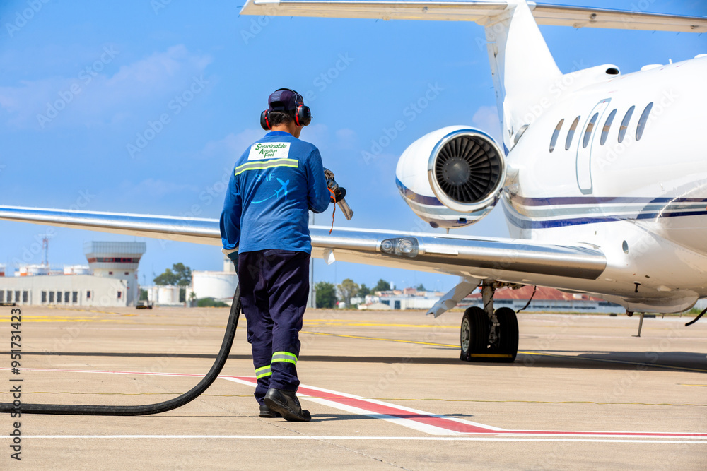 Sustainable Aviation Fuel (SAF) Technician refueling private jet with ...