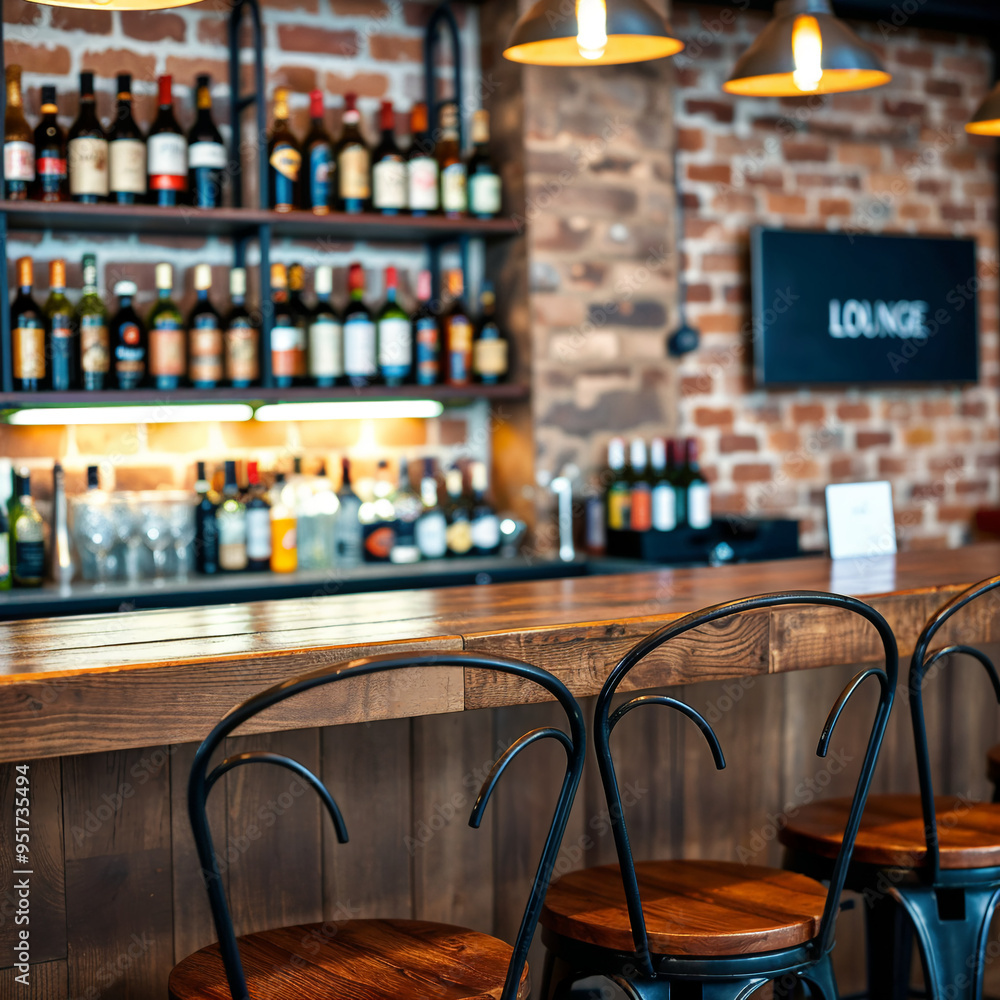 Cozy Brick-Walled Bar Interior with Wooden Counter and Bottles Stock ...