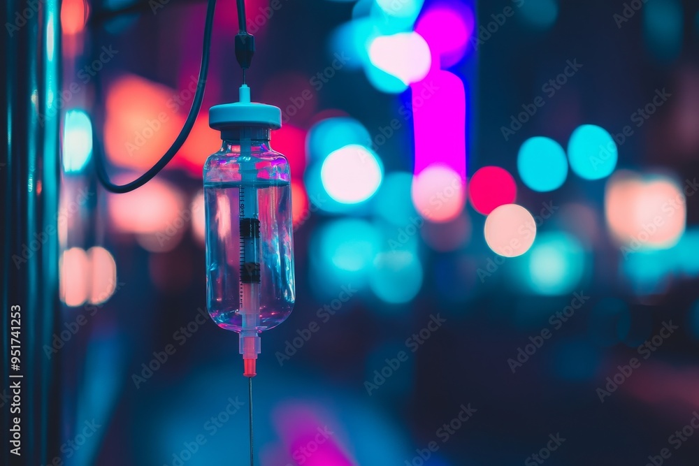 Setting of an intravenous fluid infusion on a blue background with ...