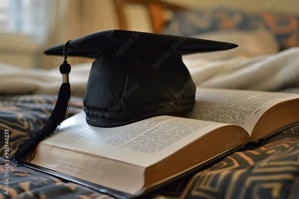 Graduation cap is sitting on top of an open book, representing the ...