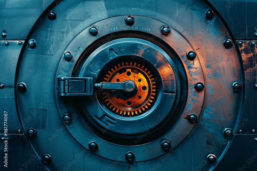 Round metal vault door with locking mechanism and gear on a grunge ...