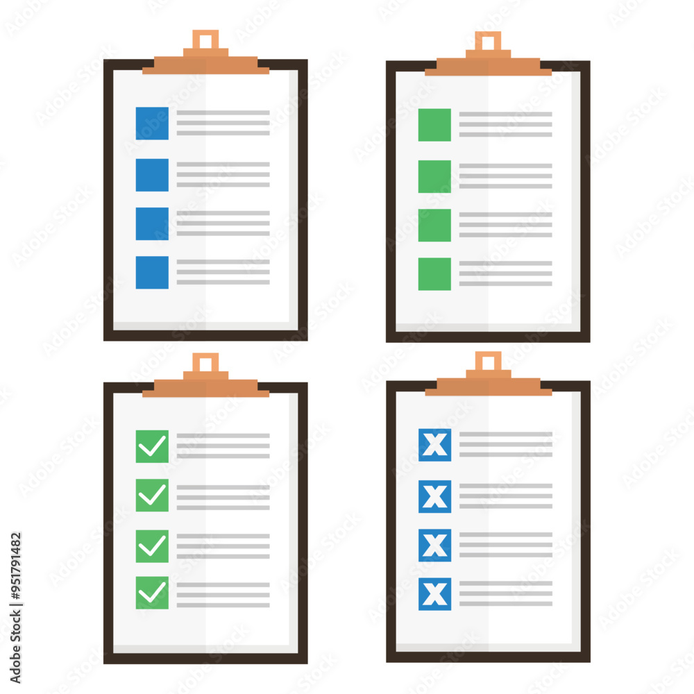 Vector illustration set of checklist document in cartoon flat style ...