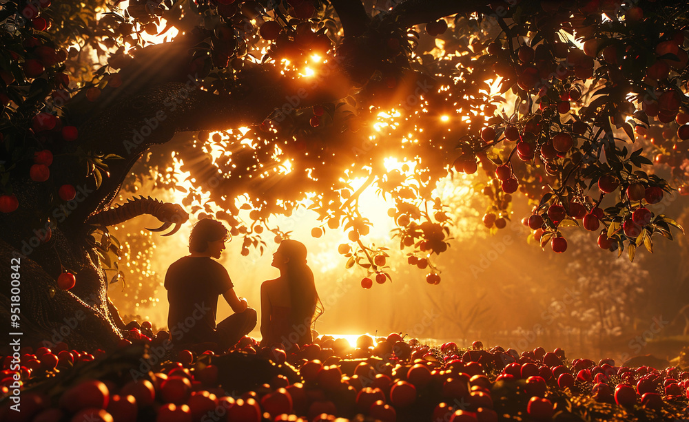 Adam and Eve in the Garden of Eden with apples with lake. Christian ...