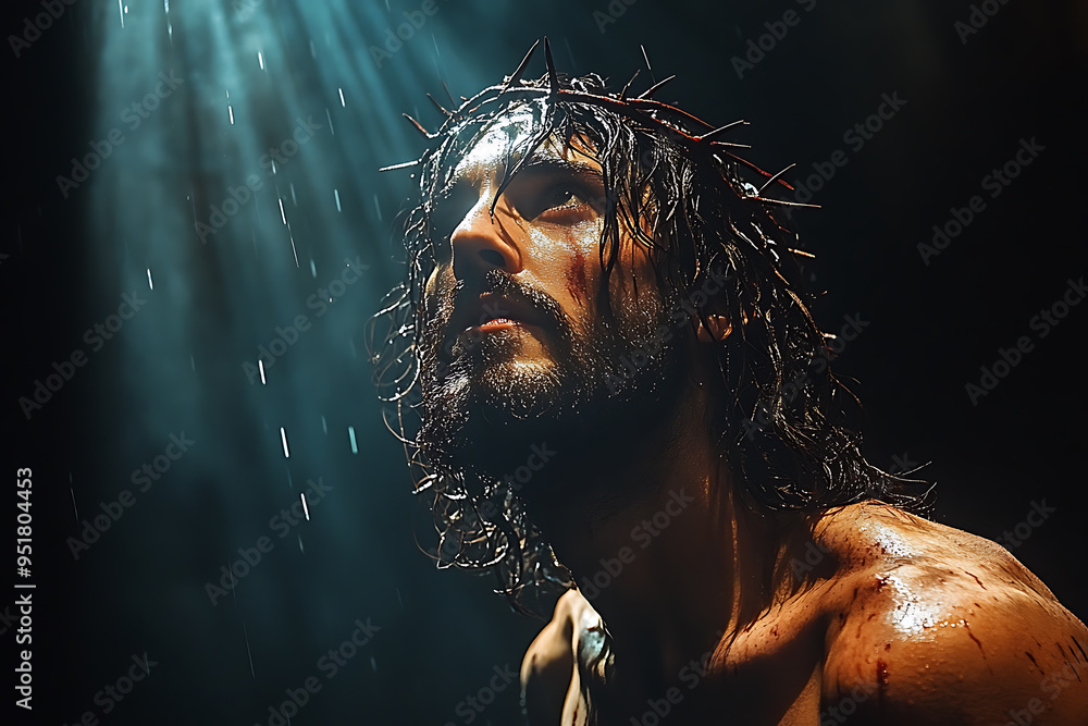Jesus Christ illuminated by a single beam of light from above. A crown ...
