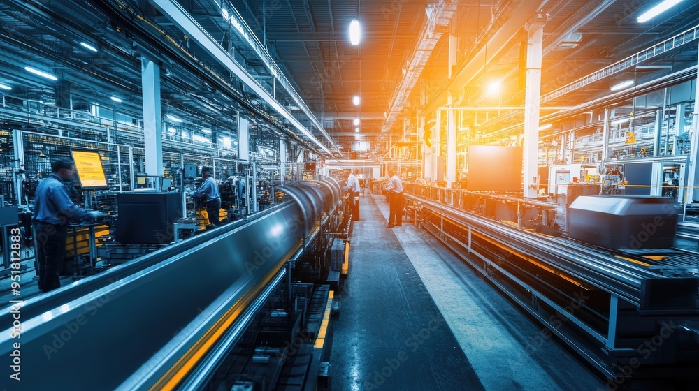 Brightly lit factory with a secure, organized assembly line, workers ...