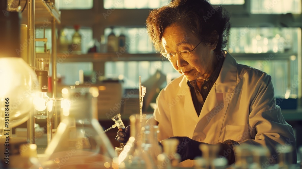 An elderly scientist in a lab, intently working with beakers and test ...