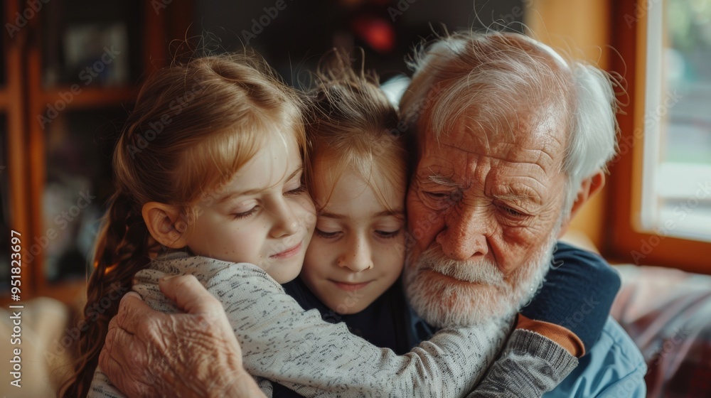 An elderly man embraces two young girls in a warm, loving hug ...