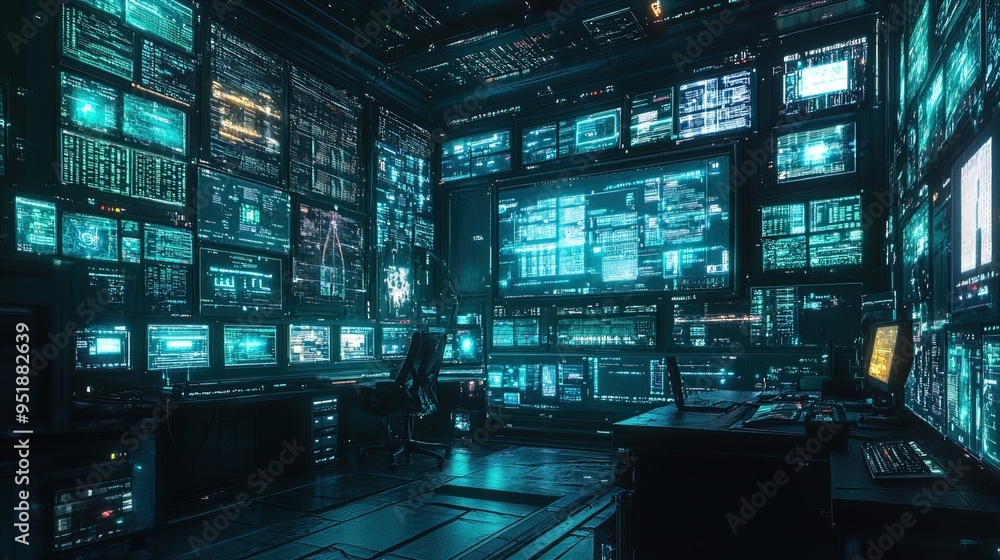 A high-tech control room filled with numerous computer screens and monitors displaying various ...