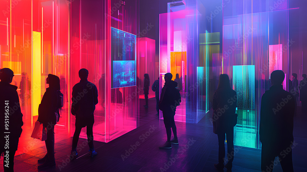 group of people experience a vibrant and futuristic exhibit, filled ...