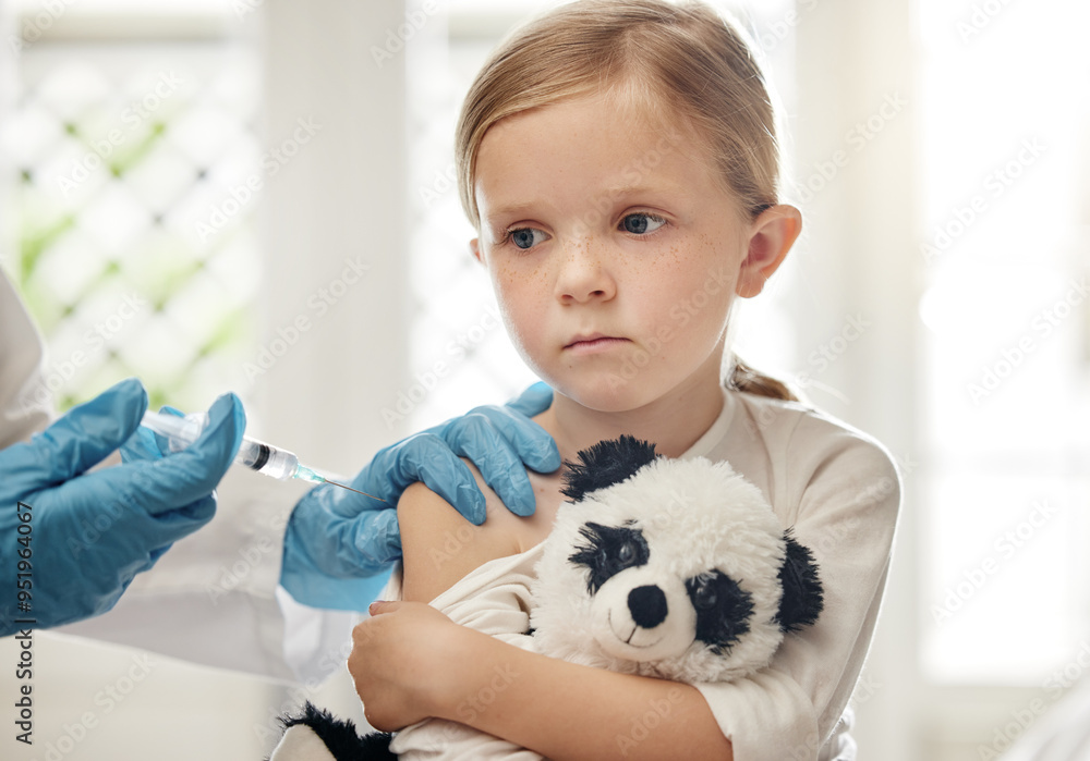 Little girl, needle and injection with doctor for vaccine, medical ...