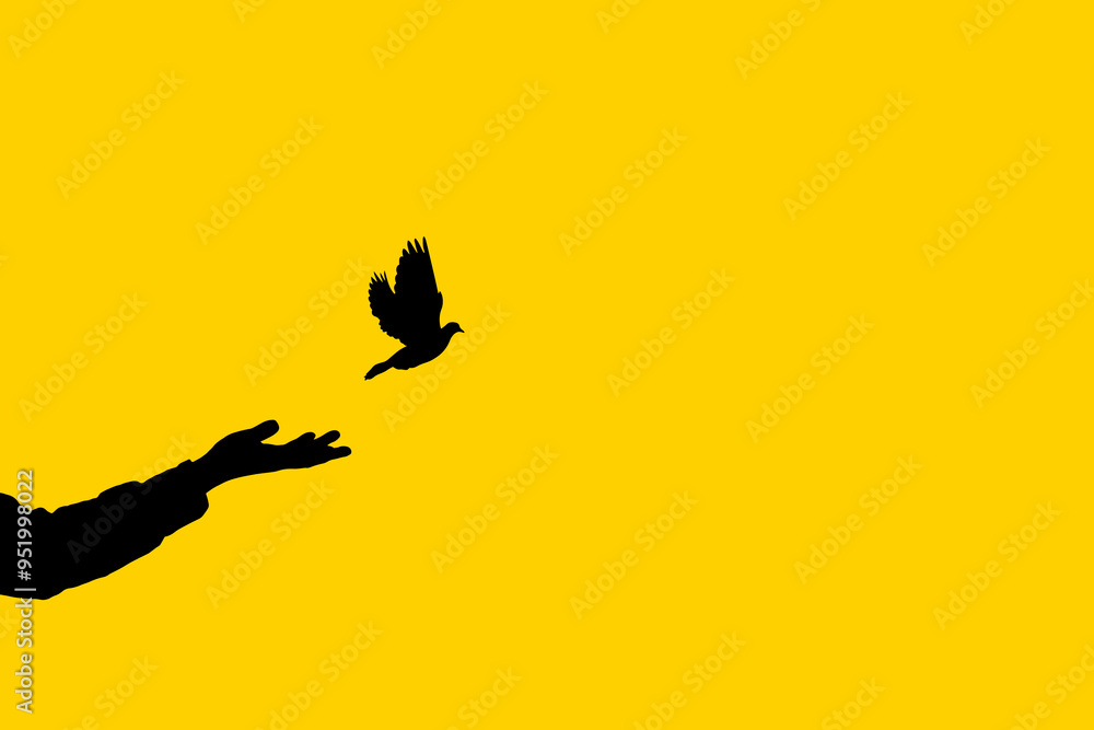 Freedom concept Illustration. A bird gracefully flying from an open ...