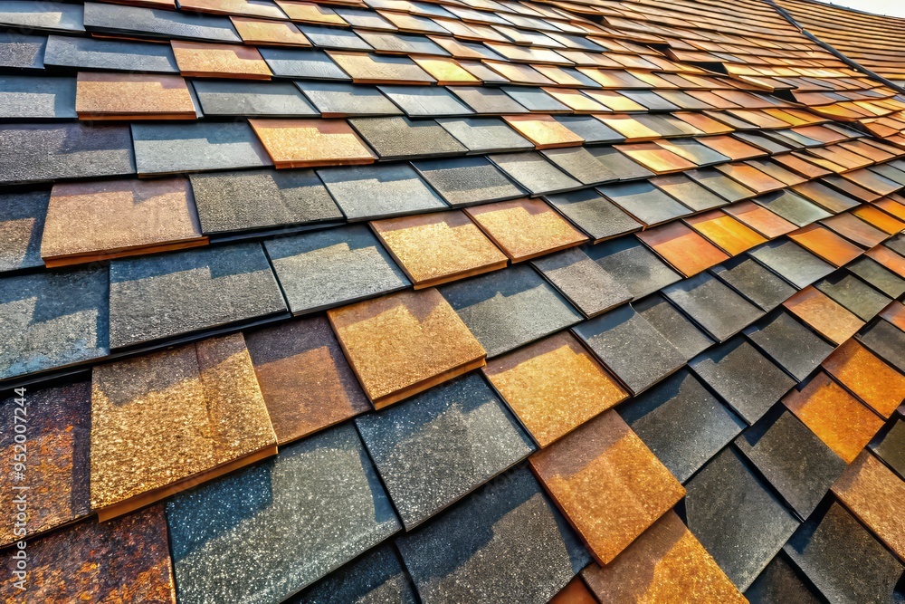 A photo image of a modern roofing shingle with UV protection features ...