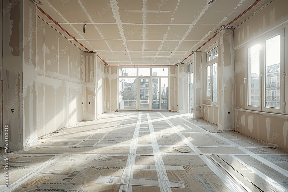An expansive and well-lit under-construction room featuring large ...