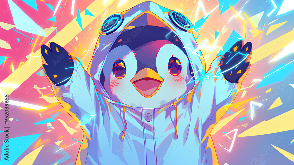 cute penguin character wearing anime onesie costume, anime style, cute ...