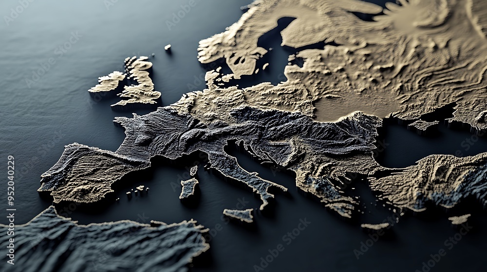 A close-up view of a 3D map of Europe with a focus on the central and ...