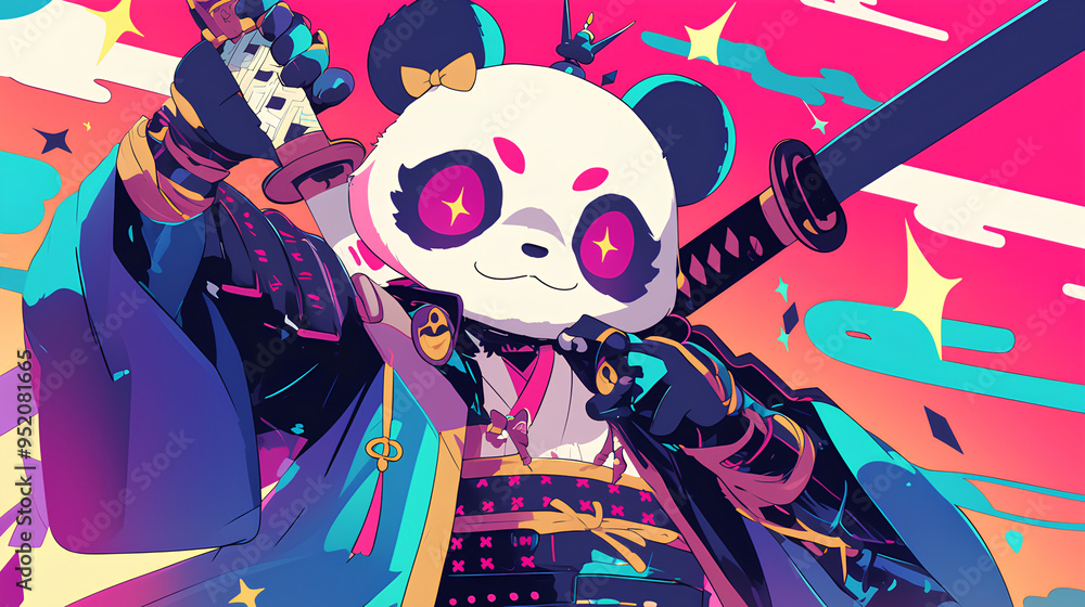 Cute panda wearing Japanese samurai armor, cool poses, cute kawaii ...
