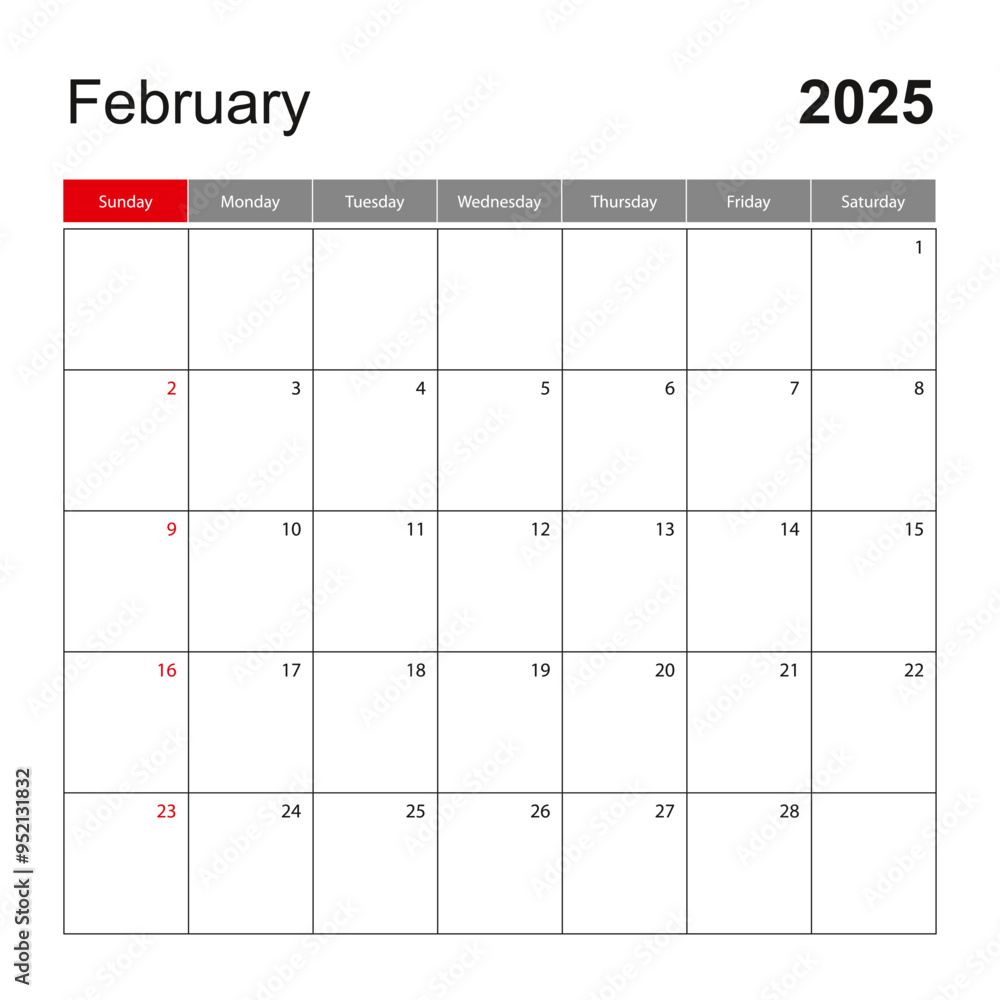 Wall calendar template for February 2025. Holiday and event planner ...