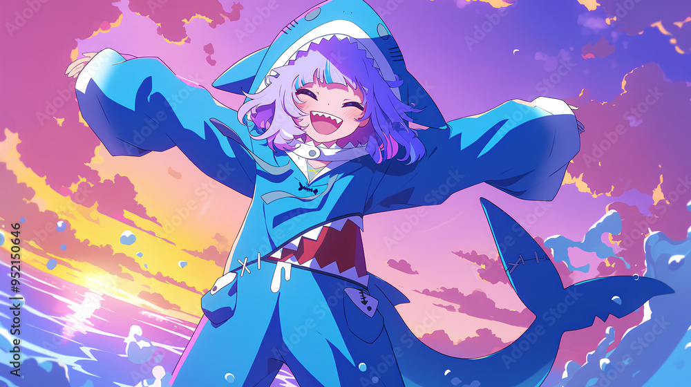 cute shark character wearing anime onesie costume, anime style, cute ...