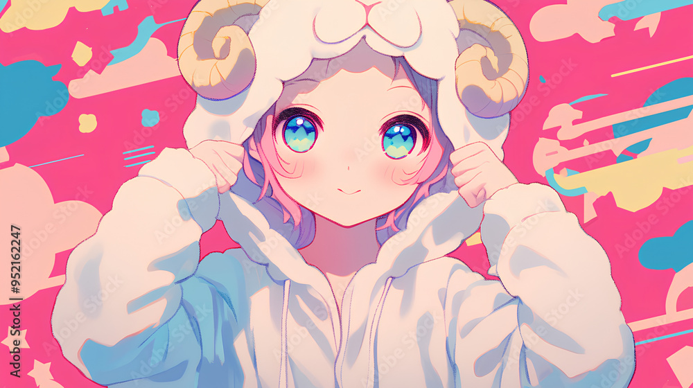 cute sheep character wearing anime onesie costume, anime style, cute ...