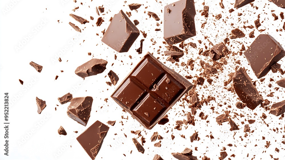 Broken chocolate bar pieces falling on isolated white background Milk ...