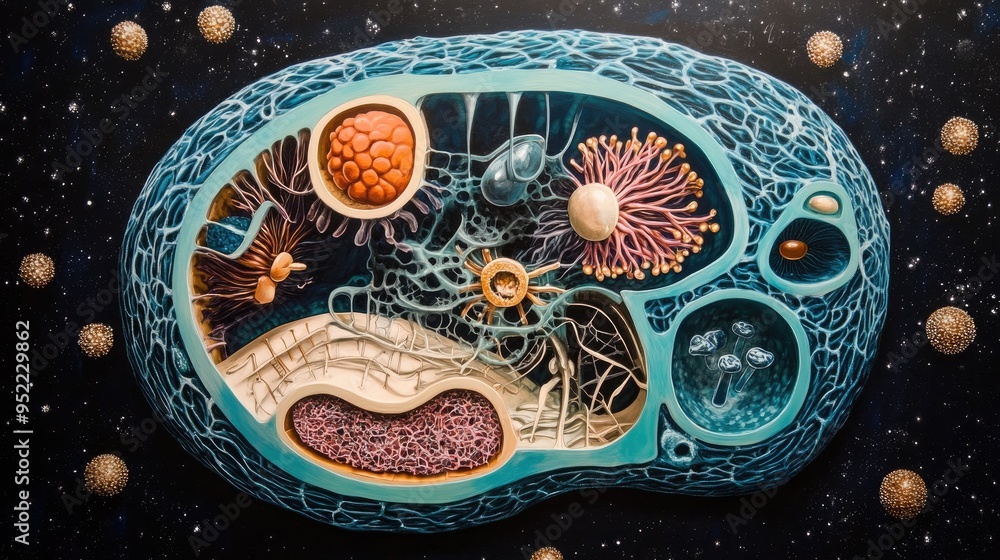 Detailed cross-section of an animal cell, with labels for the nucleus ...