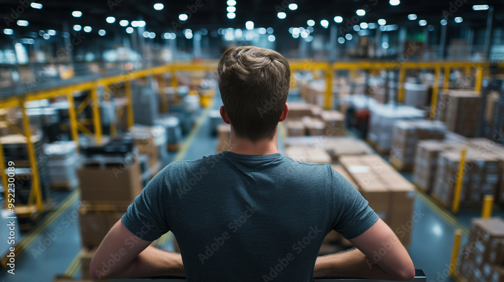 A warehouse supervisor overseeing operations on a mezzanine level ...