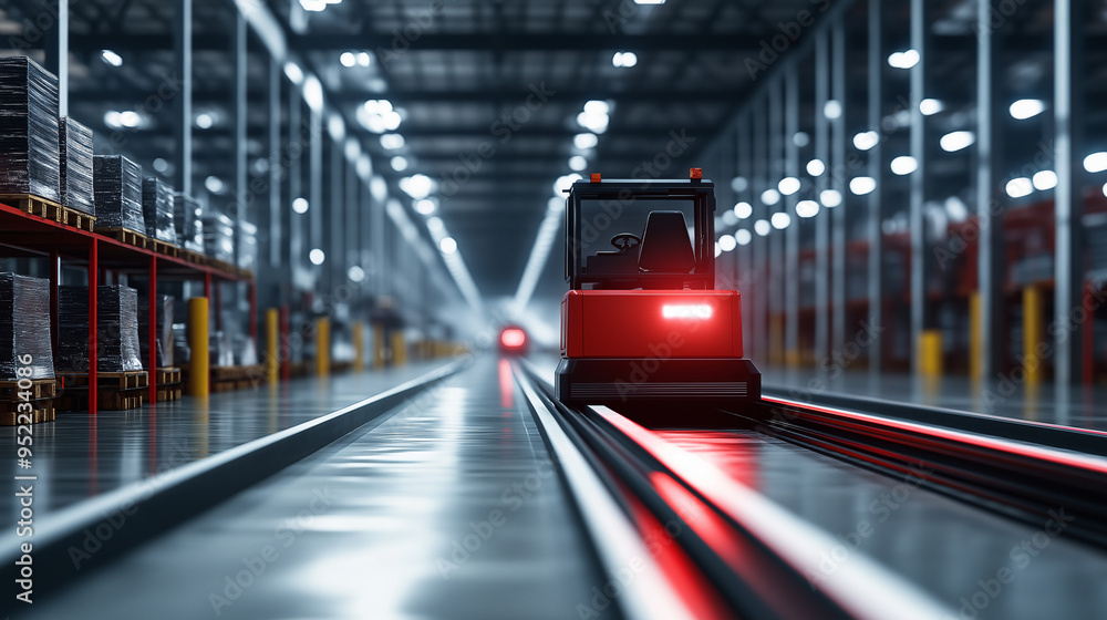 An automated guided vehicle (AGV) navigating through a warehouse ...