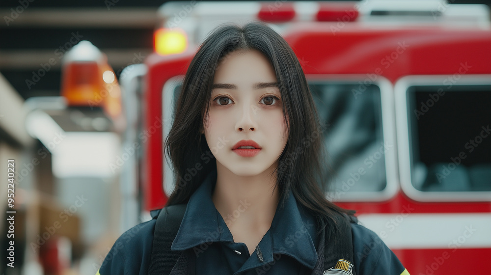 Portrait of a young Asian woman in a firefighter's uniform, standing in ...
