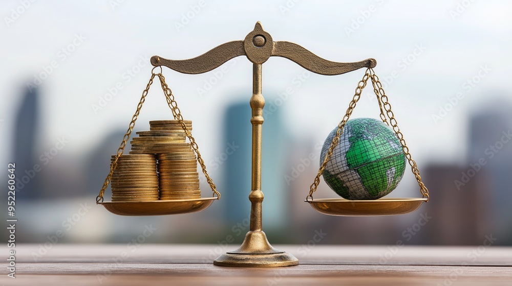 Balancing Scale with Coins and Globe, Symbolizing Economic Uncertainty ...