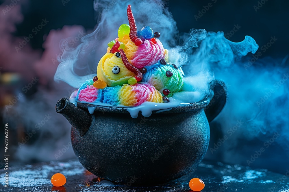 Spooky witch cauldron ice cream bowl with colorful scoops, gummy worms ...