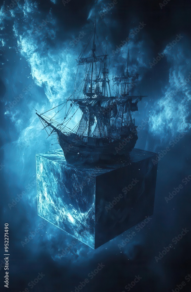 Fantasy Ship on Floating Water Cube with Blue Color Scheme Stock ...