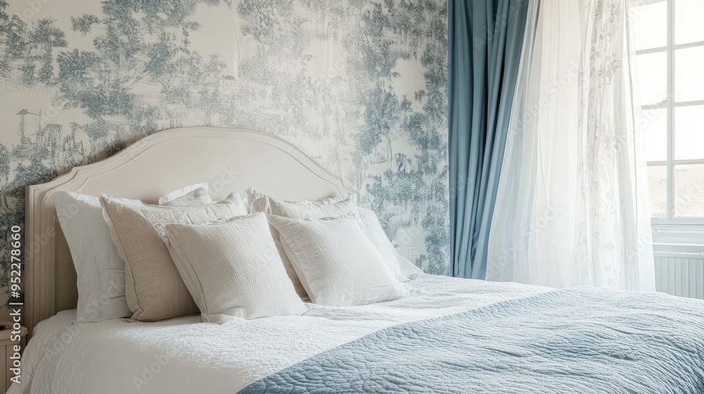 Wallpaper with a classic toile design in soft blue, creating a timeless ...