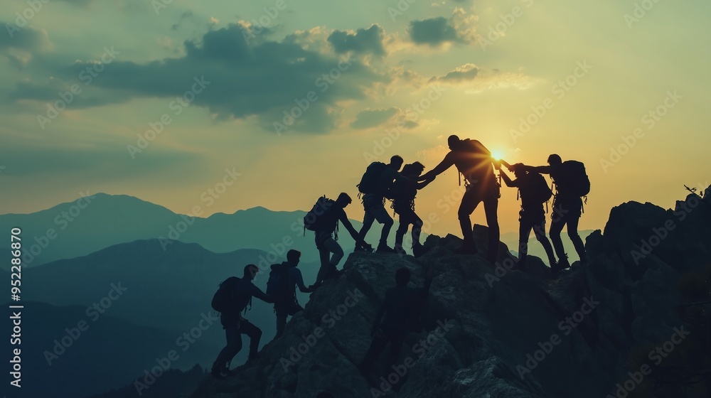 business. teamwork helps hand down business silhouette concept. a group of tourists lend a ...