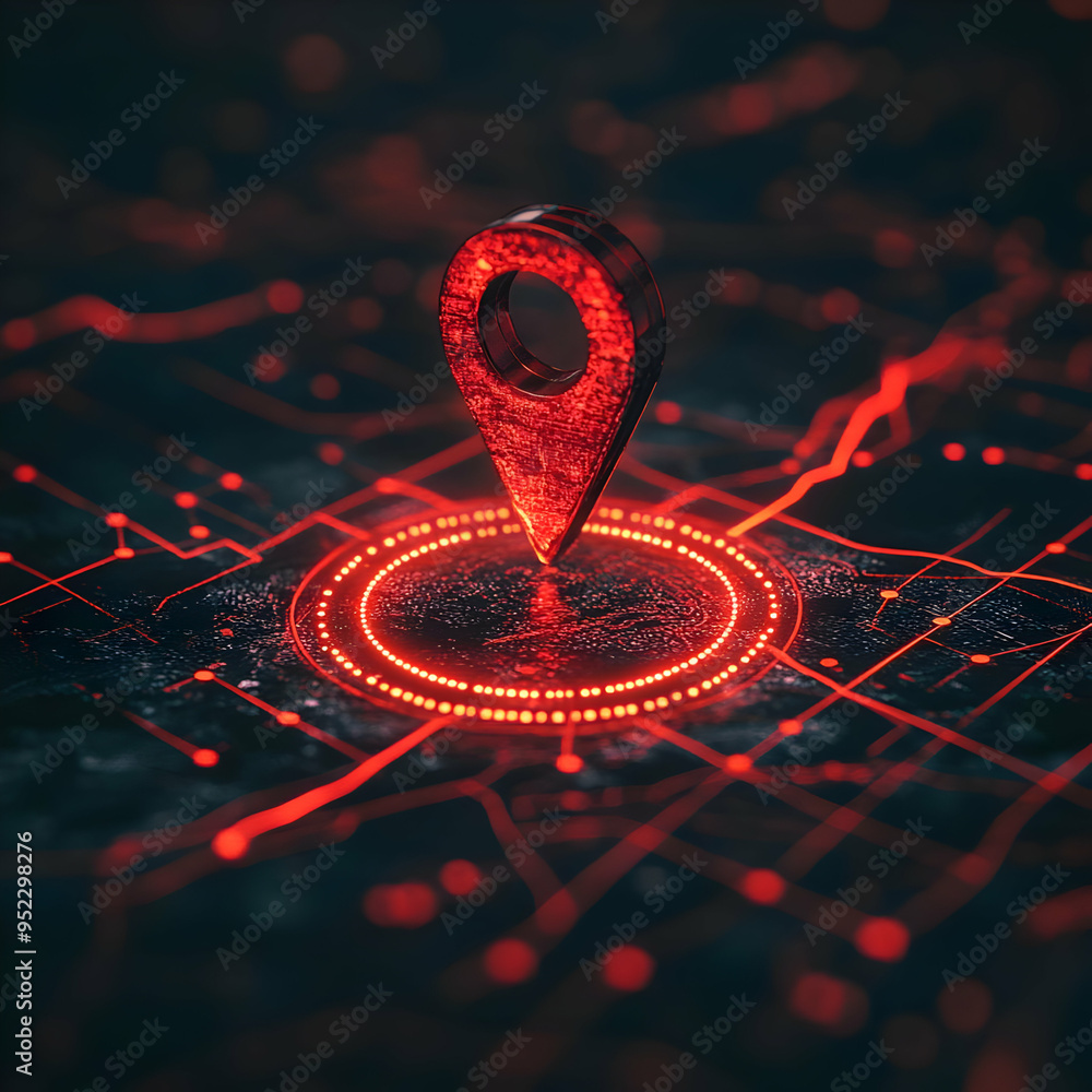 Futuristic red location pin on a digital map, representing navigation and technology, perfect ...