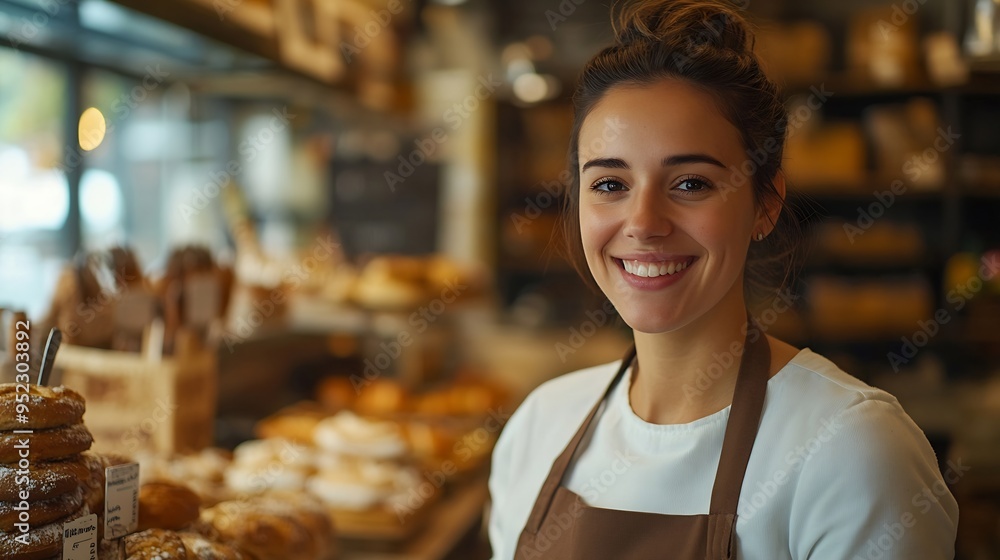 Smiling female baker wearing apron while working behind counter in ...