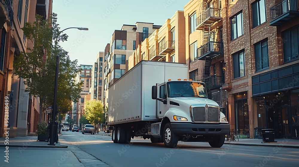 White middle class relocation rig day cab semi truck tractor with long ...