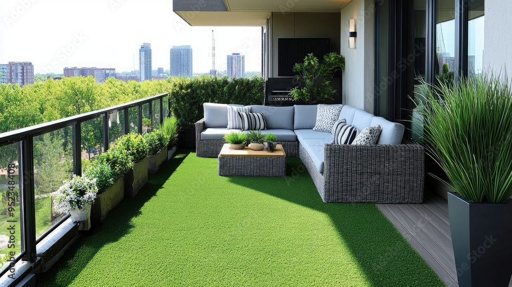 A sleek modern balcony with artificial turf flooring, complemented by ...