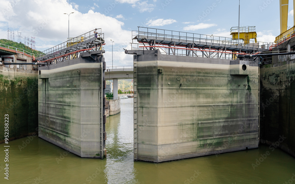 Open Lock Gates of a Ship Canal with Concrete Walls and Control ...