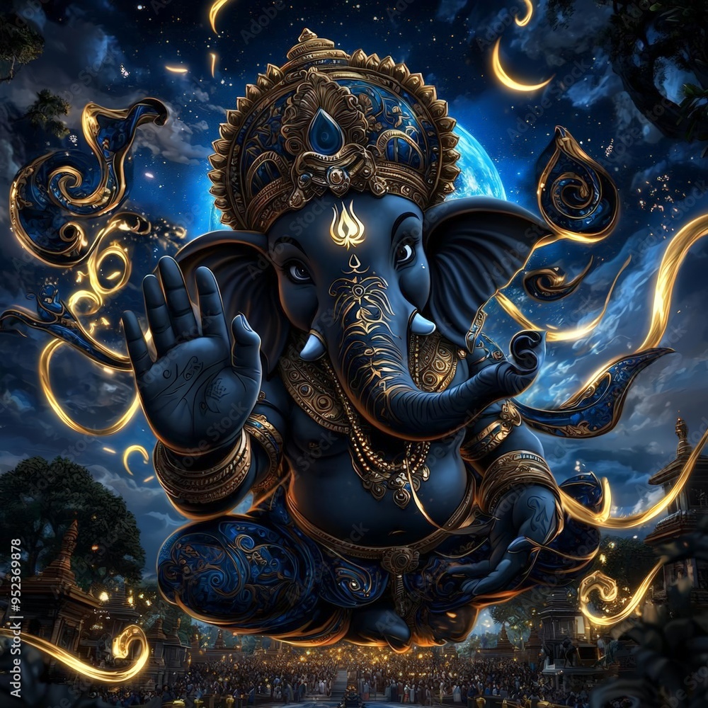 Ganesha with his hand raised in blessing, outlined in glowing golden ...