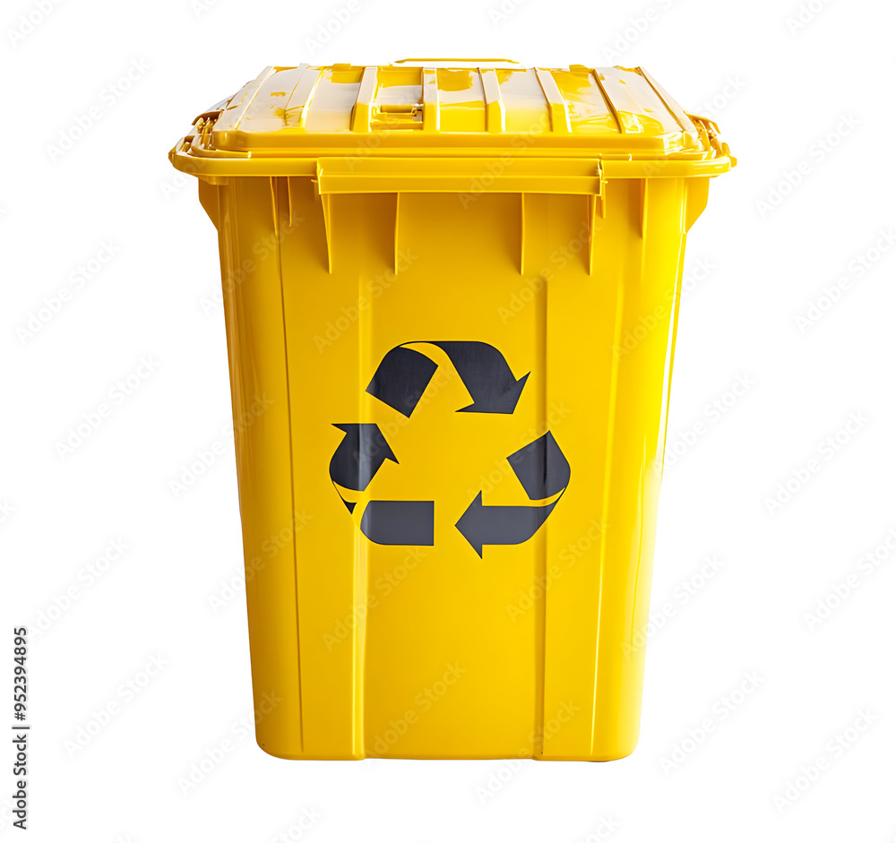 Bright yellow recycling bin with a clear recycle symbol, perfect for ...
