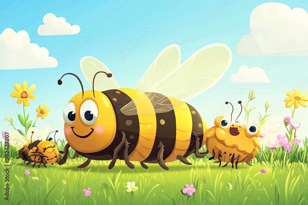 Ilustración de Stock Cute cartoon bee and larva characters garden ...