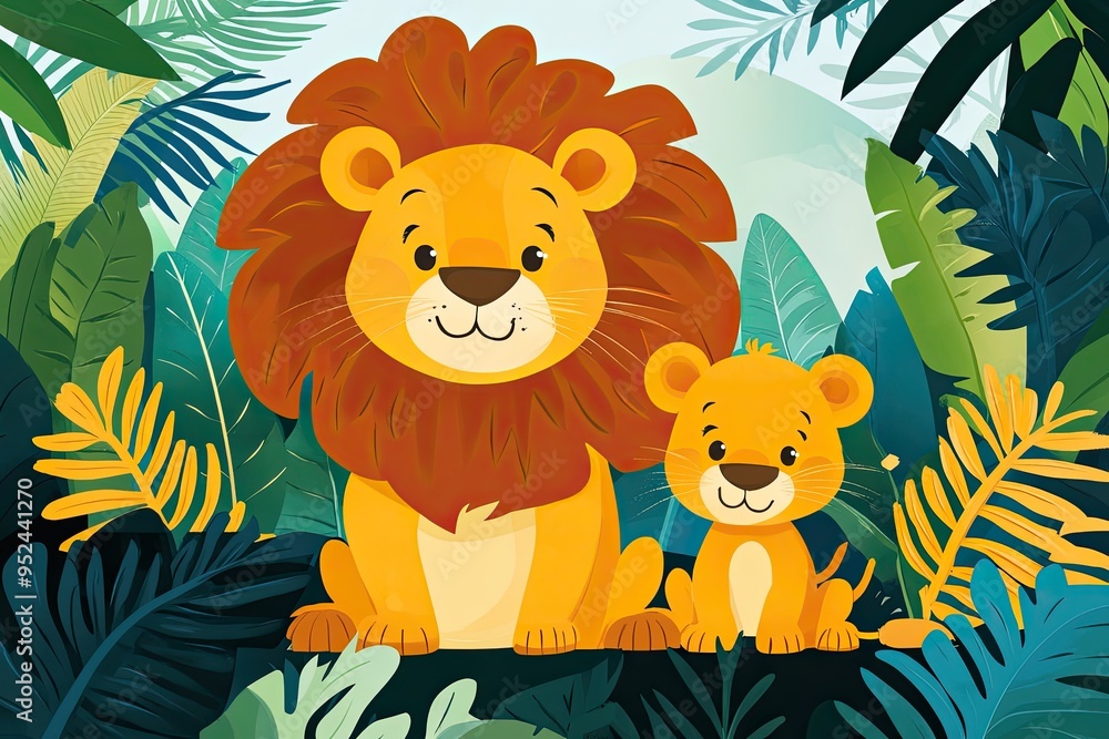 Cute cartoon lion and cub characters jungle animals, cartoon vector ...