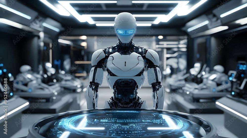 High-tech robot design lab with holographic projections and intricate ...
